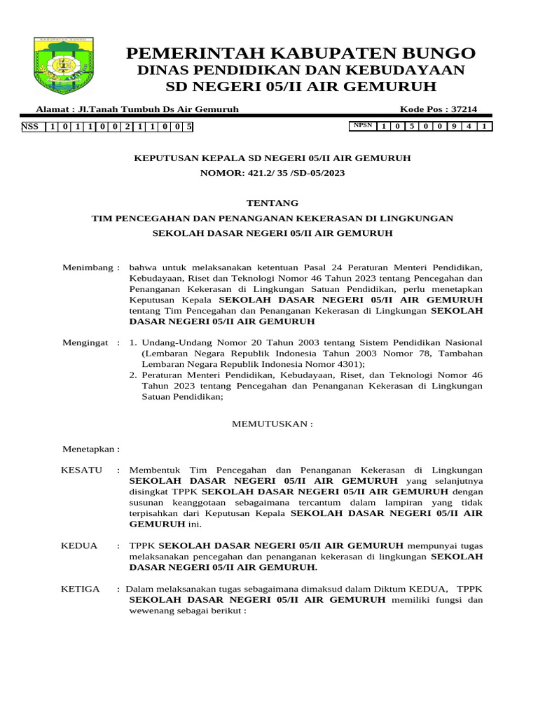 SK - TPPK - Satuan - Pendidikan - SDN 05 Air Gemuruh | PDF