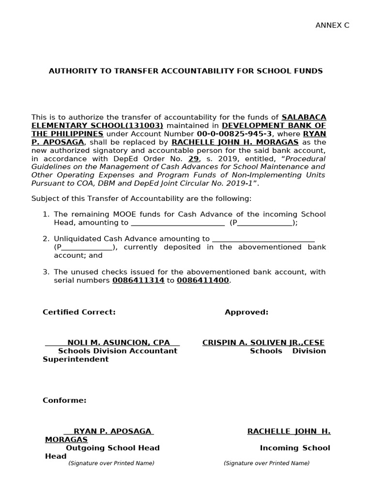 Annex C Transfer of Accountability | PDF
