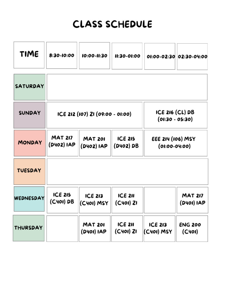 Four Period Class Schedule Timetable | PDF