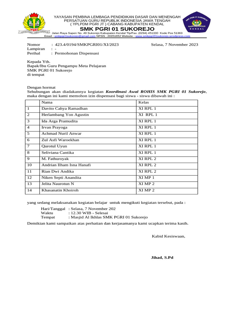 surat dispensasi rohis 2 2023 | PDF