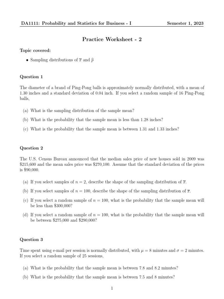 Practice Worksheet - 2: DA1111: Probability and Statistics For Business ...