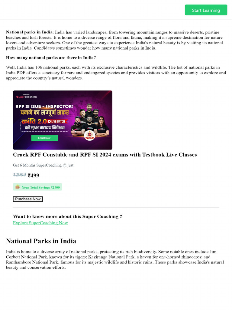 Discover India's National Parks - Comprehensive List and Overview | PDF