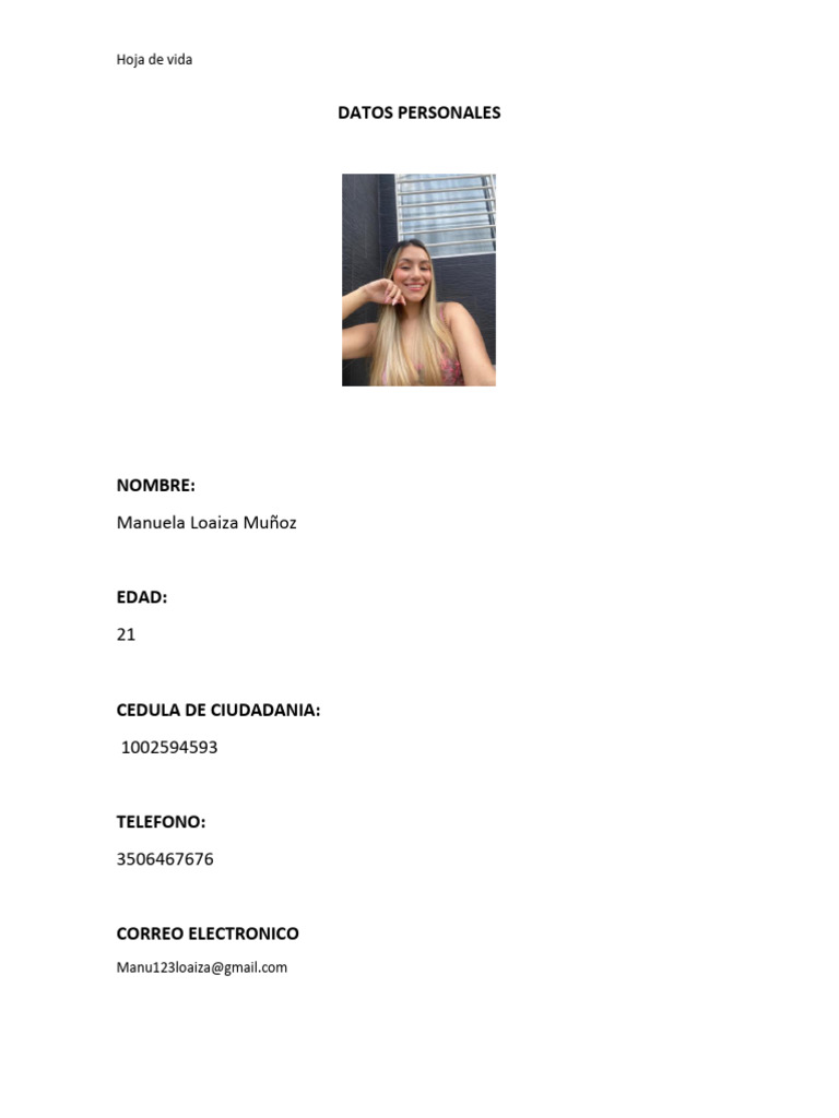 Hoja de Vida Manuela Loaiza | PDF