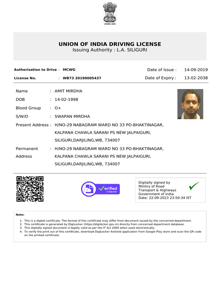 Union of India Driving License: Issuing Authority: L.A. SILIGURI | PDF