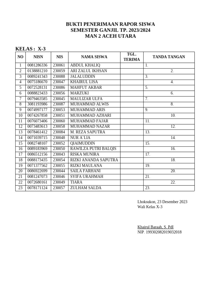 Bukti Penerimaan Rapor | PDF
