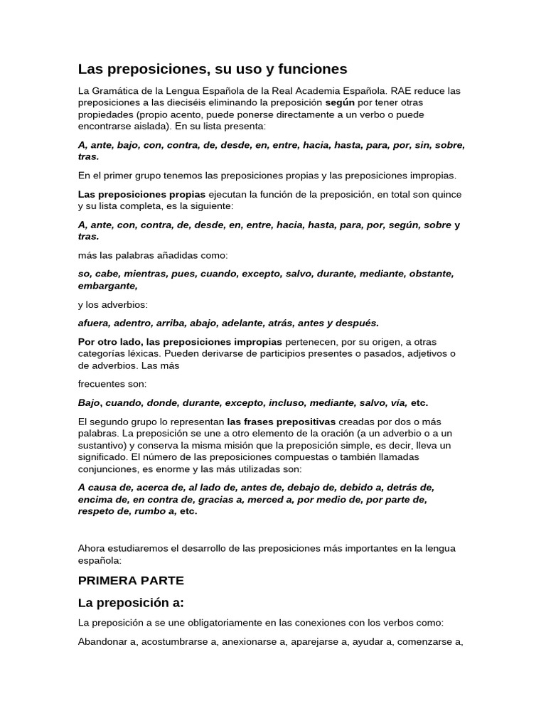 LAS PREPOSICIONES SU USO Y SUS FUNCIONES Word | PDF