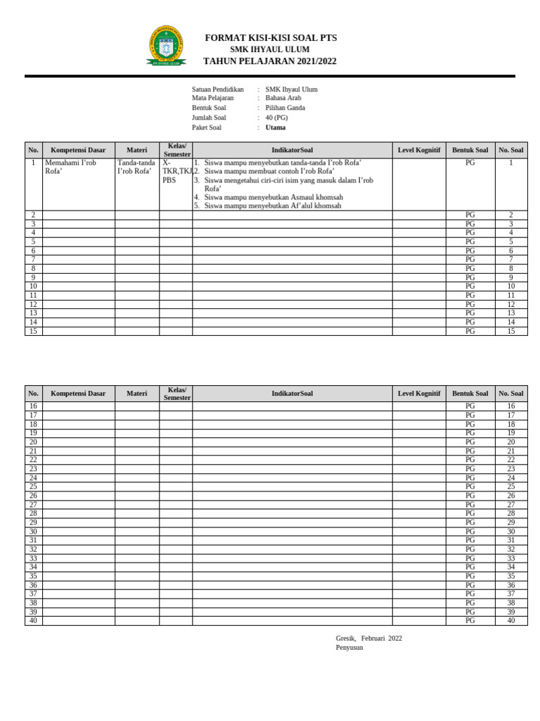 Format Kisi-Kisi PTS Genap | PDF