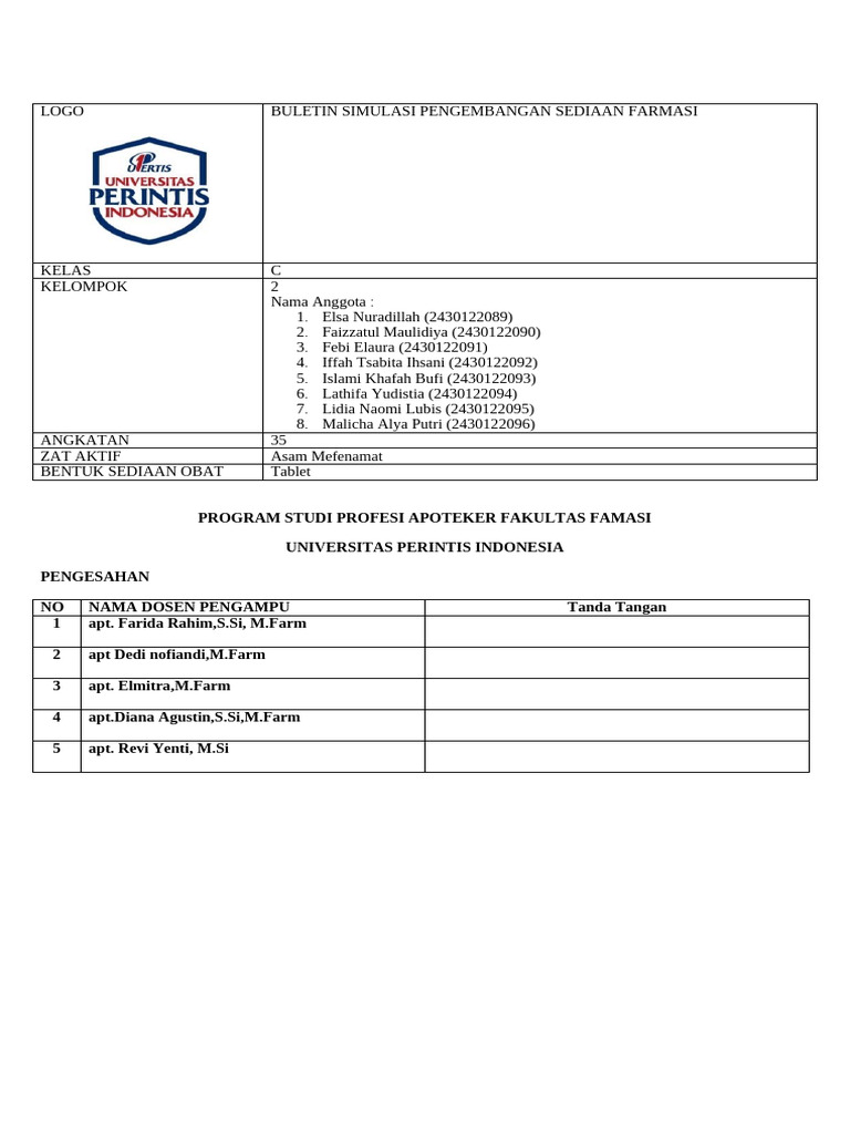 FORMAT BULETIN PRAKTEK PENGEMBANGAN SEDIAAN FARMASI KEL.2 Fix | PDF
