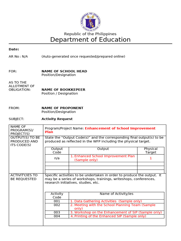 6. Activity Request Template for Implementing Units | PDF