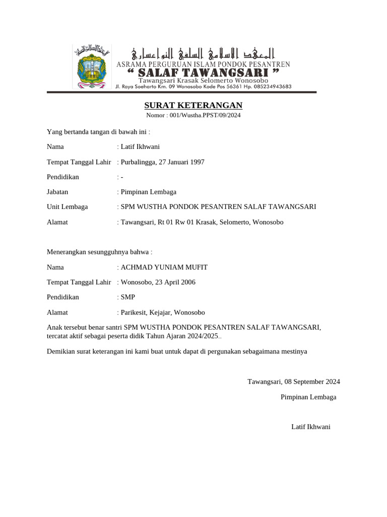 Surat Keterangan Santri Aktif | PDF