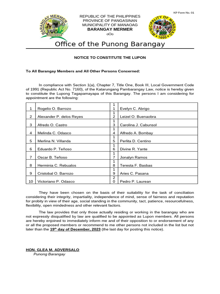 KP Form No 01 - Notice To Constitute Lupon | PDF
