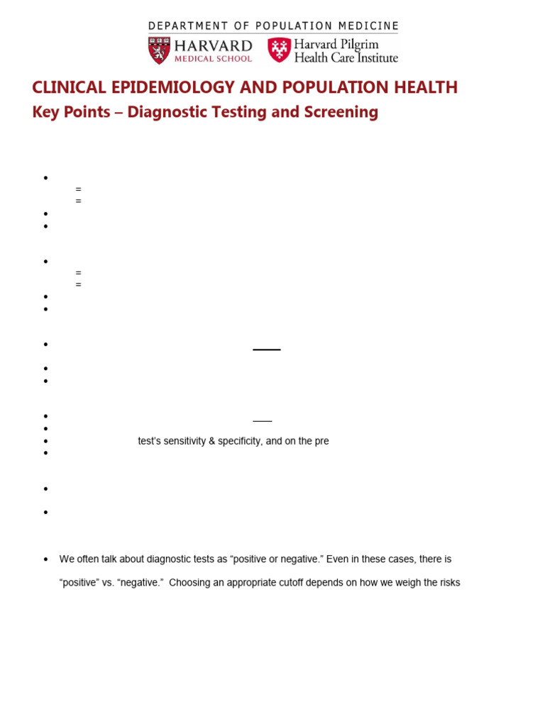 CEPH 1 - Sessions 7&8 - Diagnostic Testing and Screening Key Points | PDF