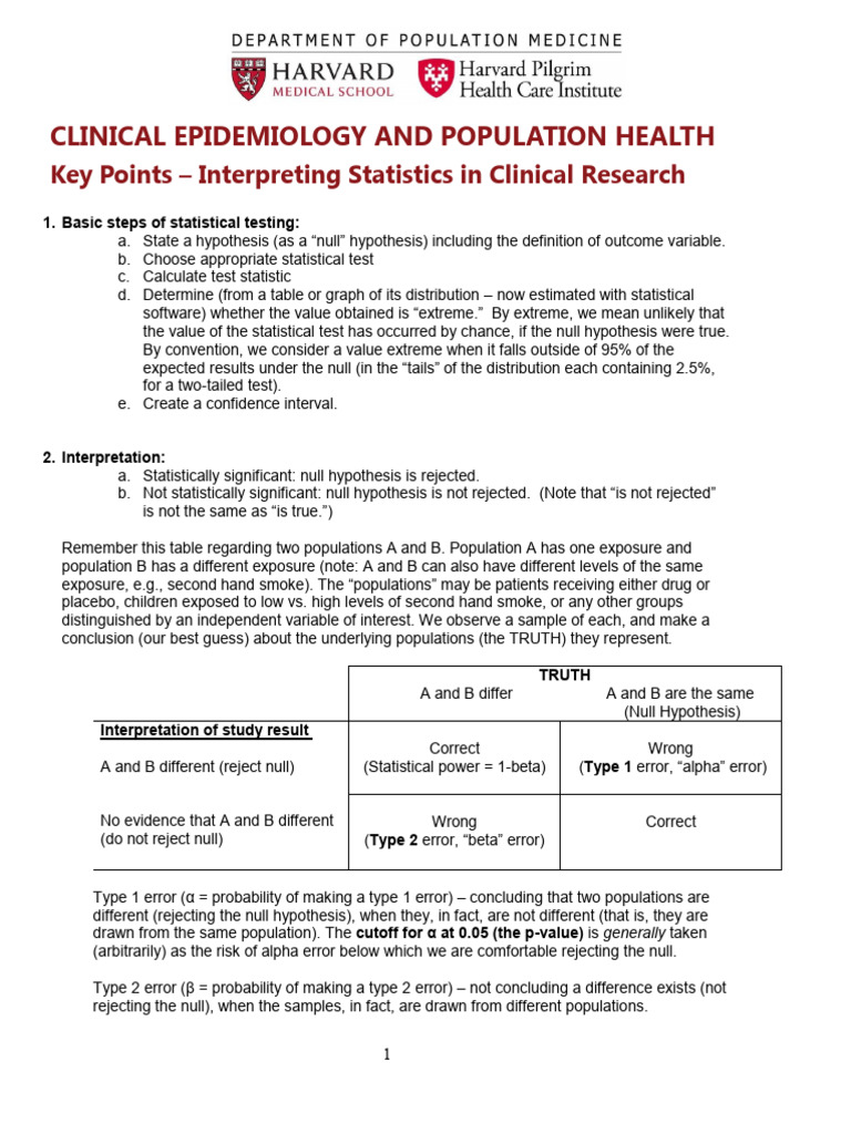 CEPH 1 - Session 3 - Interpreting Statistics in Clinical Research Key ...
