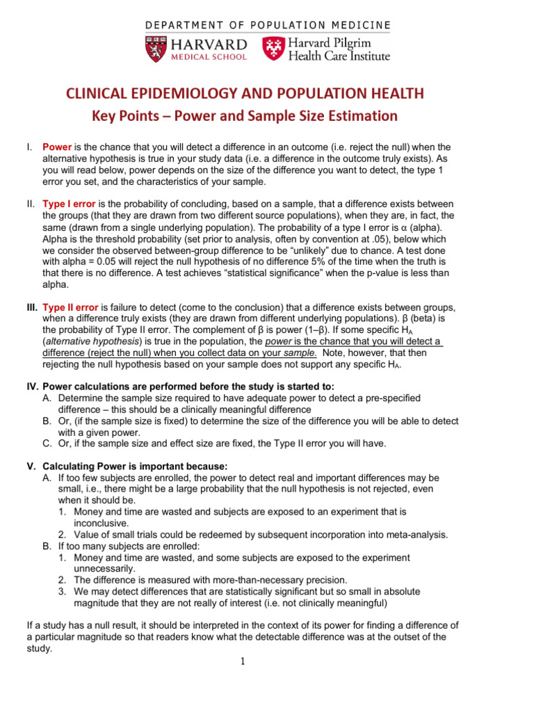 CEPH 1 - Session 5 - Power and Sample Size Estimation Key Points - 0 | PDF