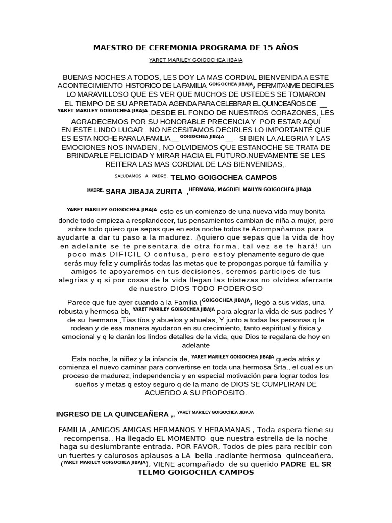 MAESTRO DE CEREMONIA PROGRAMA DE 15 AÑOS (2) | PDF