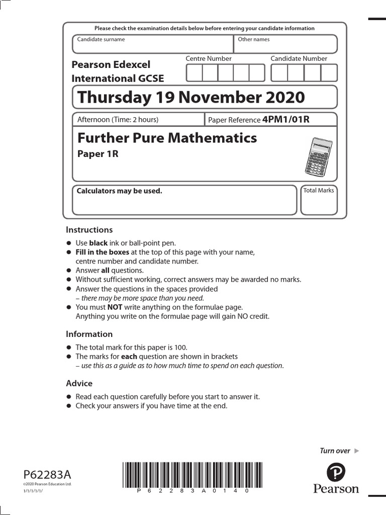 01a IGCSE Further Pure Mathematics Paper 1 (R) - November 2020 PDF | PDF