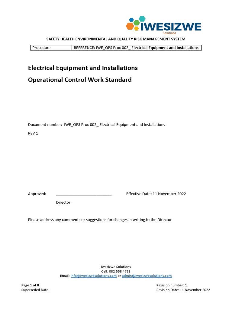 IWE - OPS Proc 002 - Electrical Equipment and Installation - Rev 1 | PDF