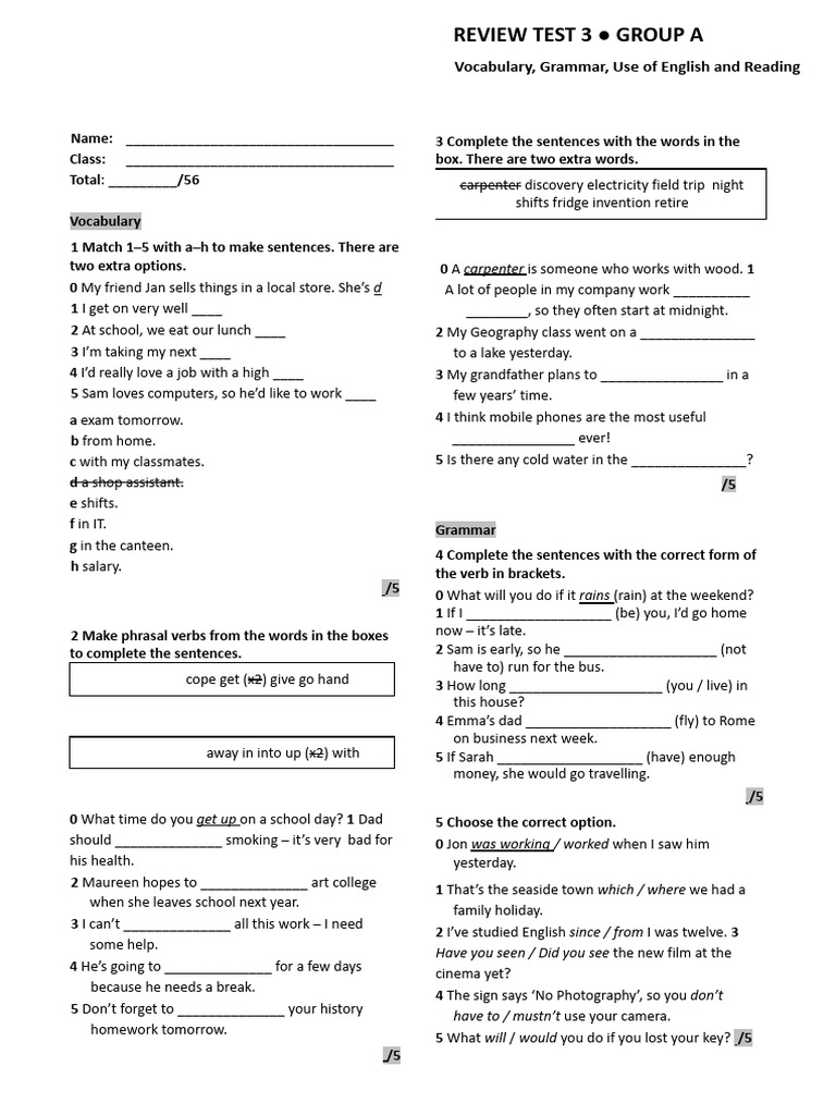 Focus2 2E Review Test 3 Units1 6 Vocabulary Grammar UoE Reading GroupA ...