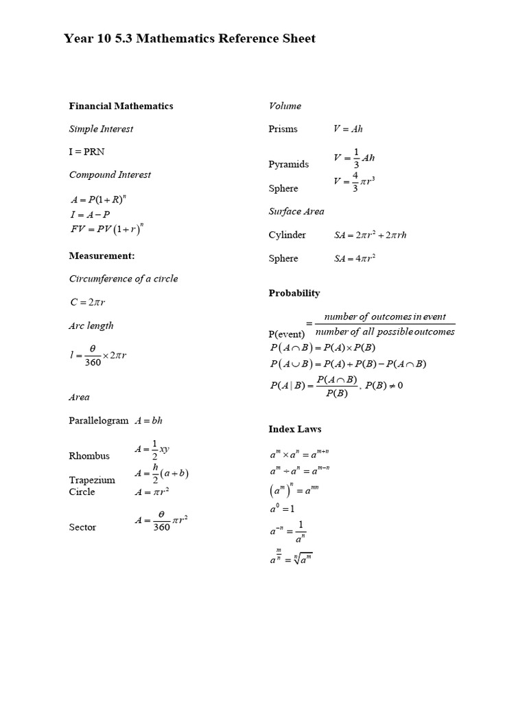 YR 10 5.3 MATHS Reference Sheet | PDF