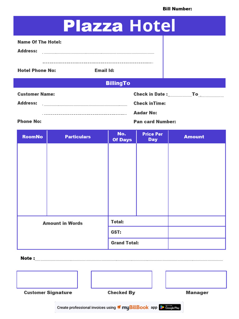 Hotel Bill Format in Word | PDF
