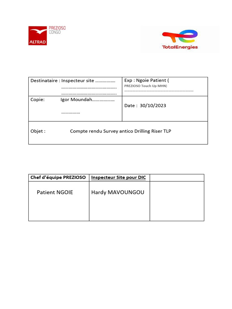 Compte Rendu Survey Drilling Riser TLP | PDF