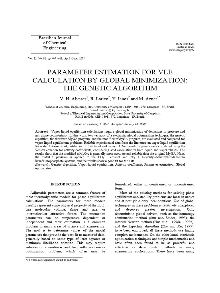 Álvarez V. H. Parameter estimation for VLE calculation by global minimization the genetic ...