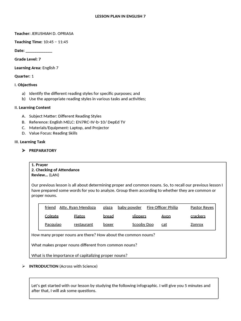 Lesson Plan in English 7 | PDF | Speed Reading | Cognition