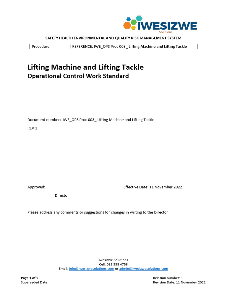 IWE - OPS Proc 003 - Lifting Machine and Lifting Tackle - Rev 1 | PDF