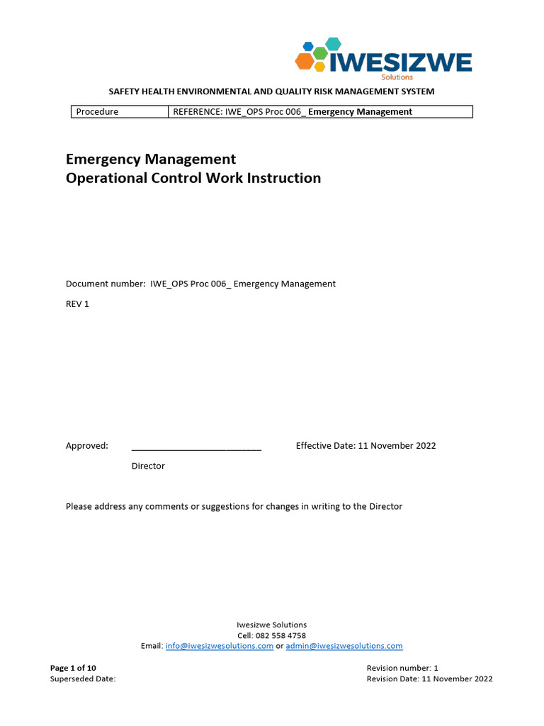IWE - OPS Proc 006 - Emergency Management - Rev 1 | PDF