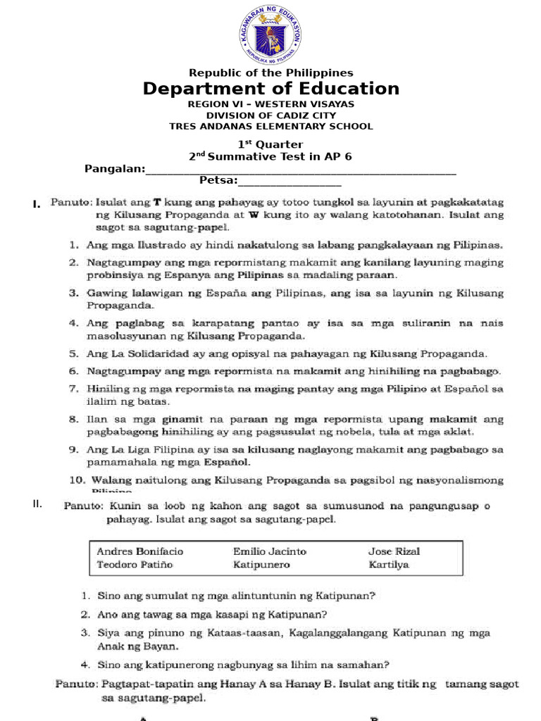 Ap 6 Summative Test 2 Q1 | PDF