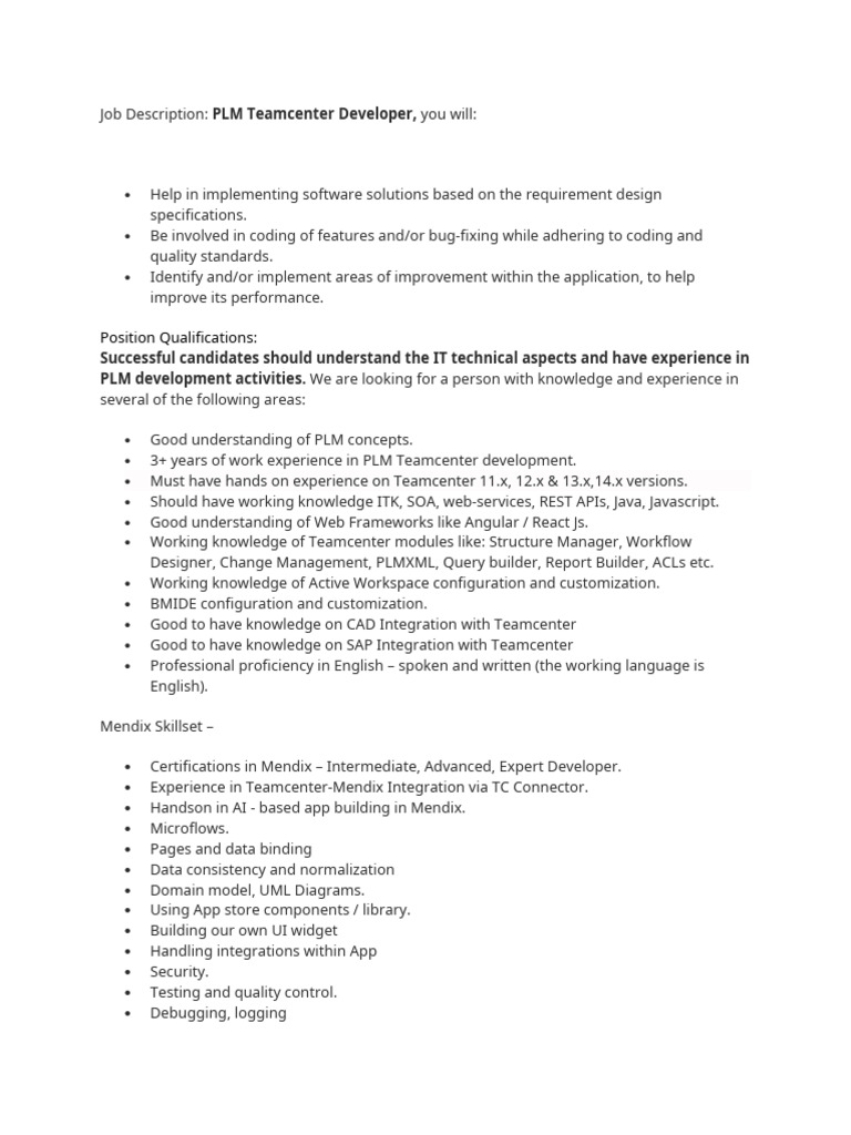 JD SR - PLM Developer + Mendix Developer (3+ Years) | PDF