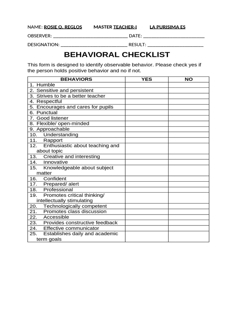 Behavioral Checklist | PDF