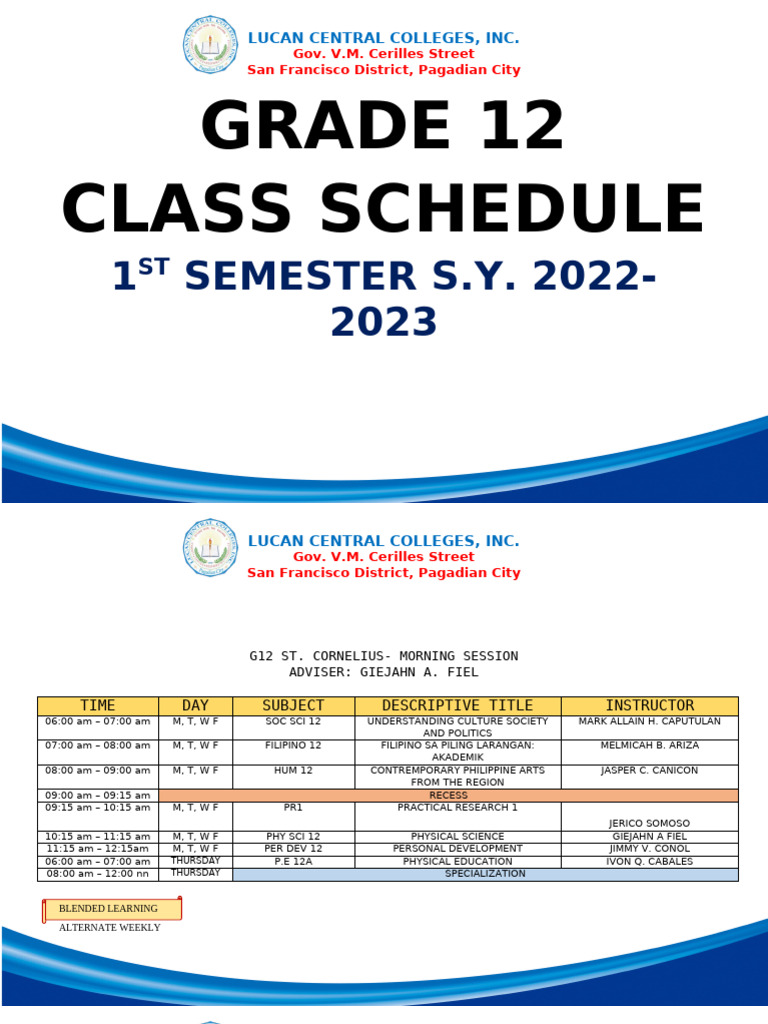 G12 Class Schedule For Face To Face Class S.Y. 2022-2023 | PDF