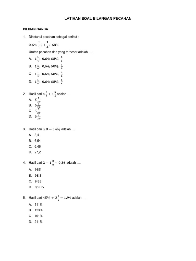 Latihan Soal Bilangan Pecahan Pas | PDF
