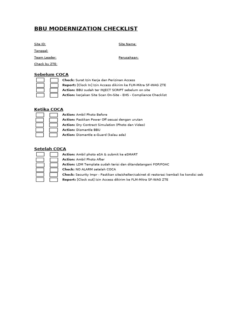 BBU - MODERNIZATION - CHECKLIST | PDF | Technology & Engineering