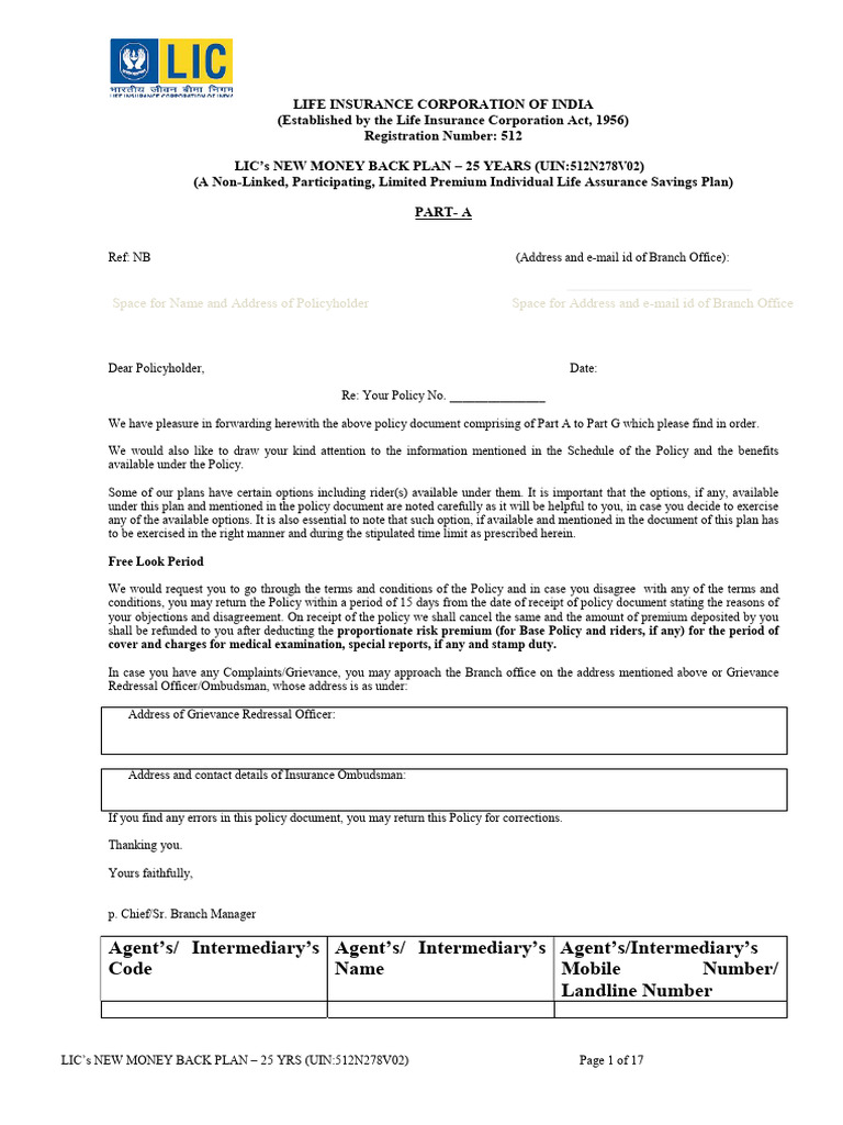 Final Policy Doc Money Back 25 Years | PDF