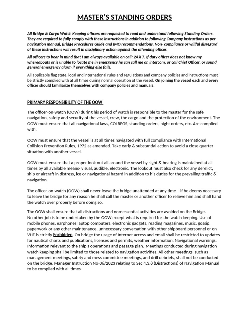 Master's Standing Orders for Watchkeeping | PDF | Navigation | Shipping