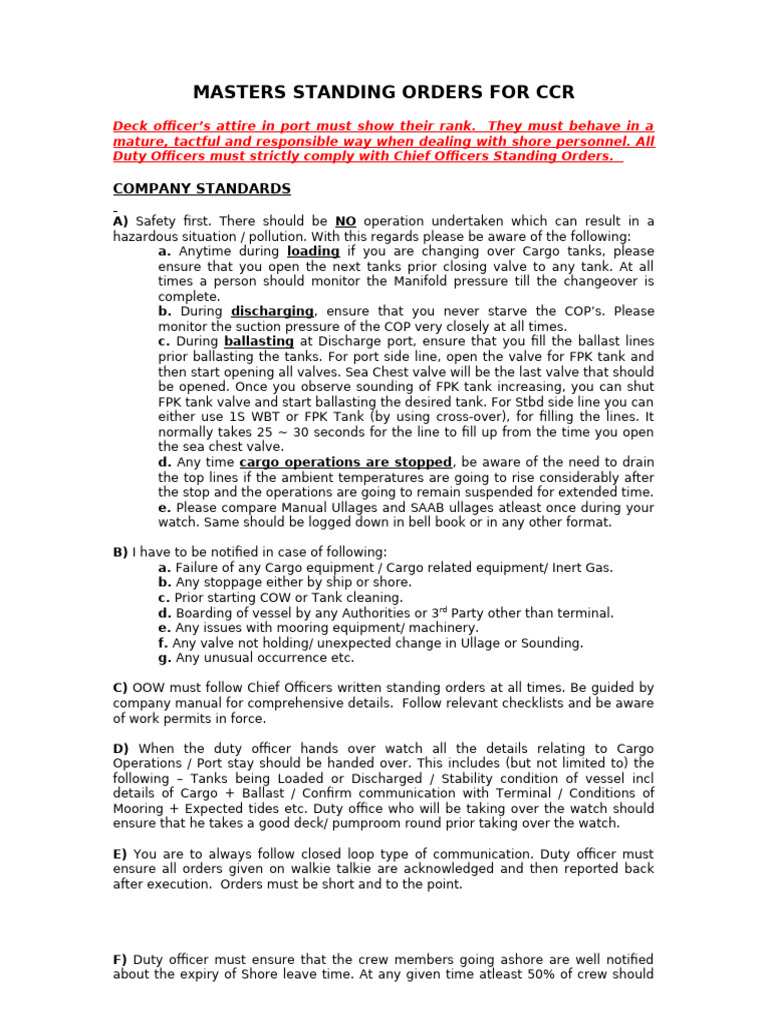 Master Standing Order - CCR - MAY 2023 | PDF | Water Transport | Shipping