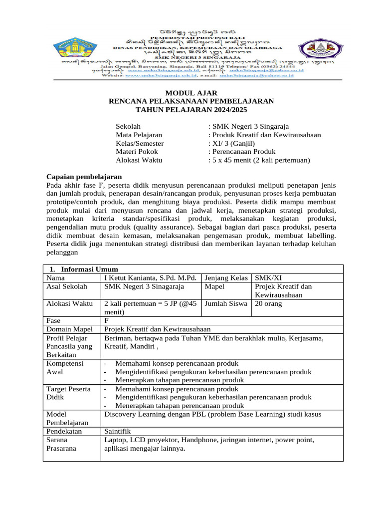 Modul Ajar Perencanaan Produk 2024 | PDF