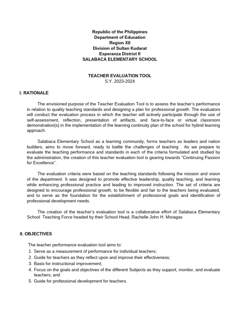 621184500 Revised Teacher Evaluation Tool Edited | PDF