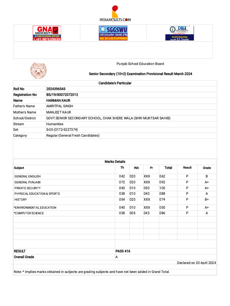 Senior Secondary (10+2) Examination Provisional Result March 2024 | PDF