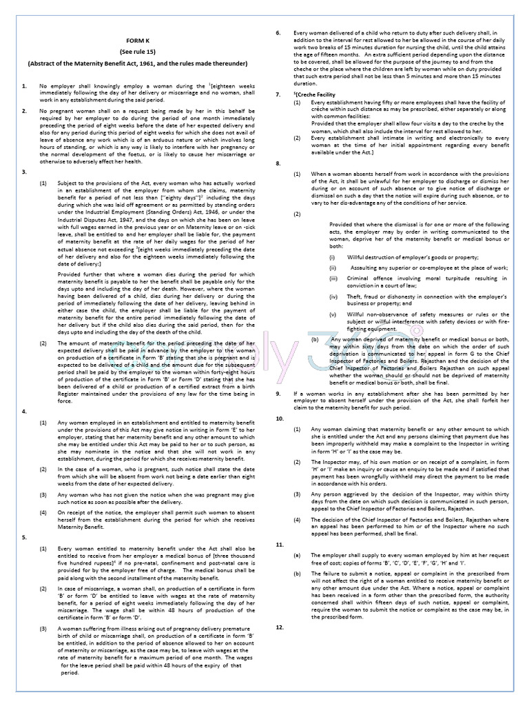 FORM K Abstract Under Maternity Benefit Act 1961 English Version 2 | PDF