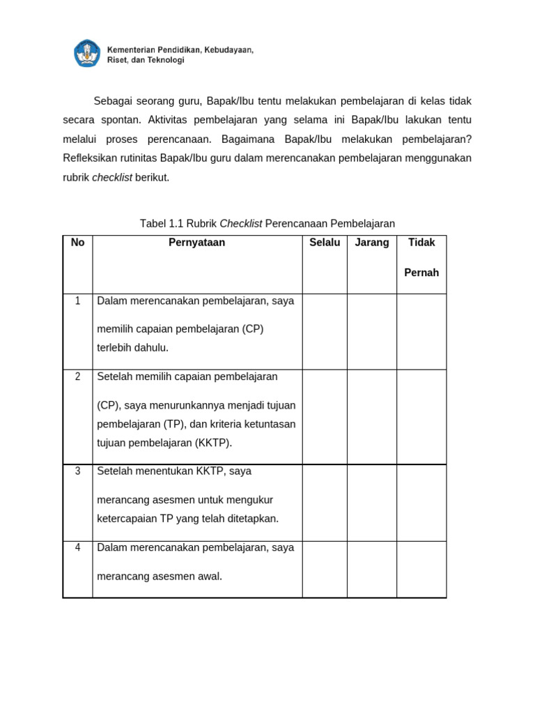 Rubrik Cheklist Perencanaan Pembelajaran (Mdul 1) | PDF
