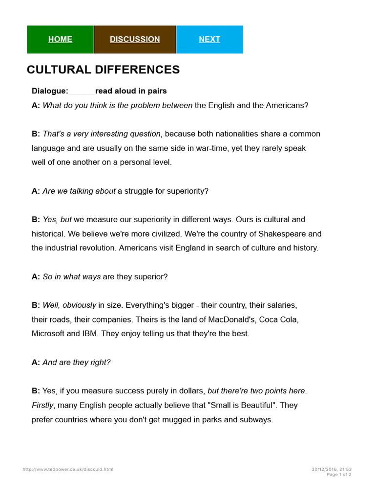Dialogues Suitable For Pairwork and Role Play - Cultural Differences | PDF