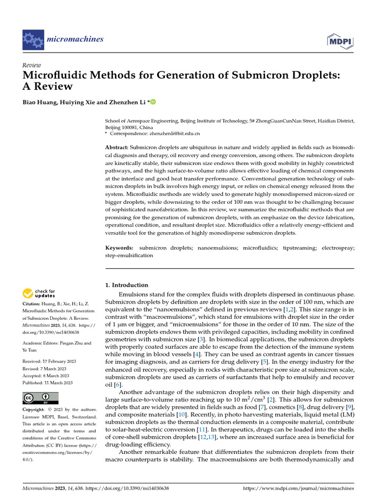 Microfluidic Methods For Generation of Submicron Droplets | PDF