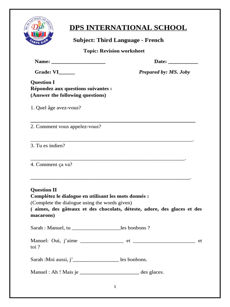 French Worksheet | PDF
