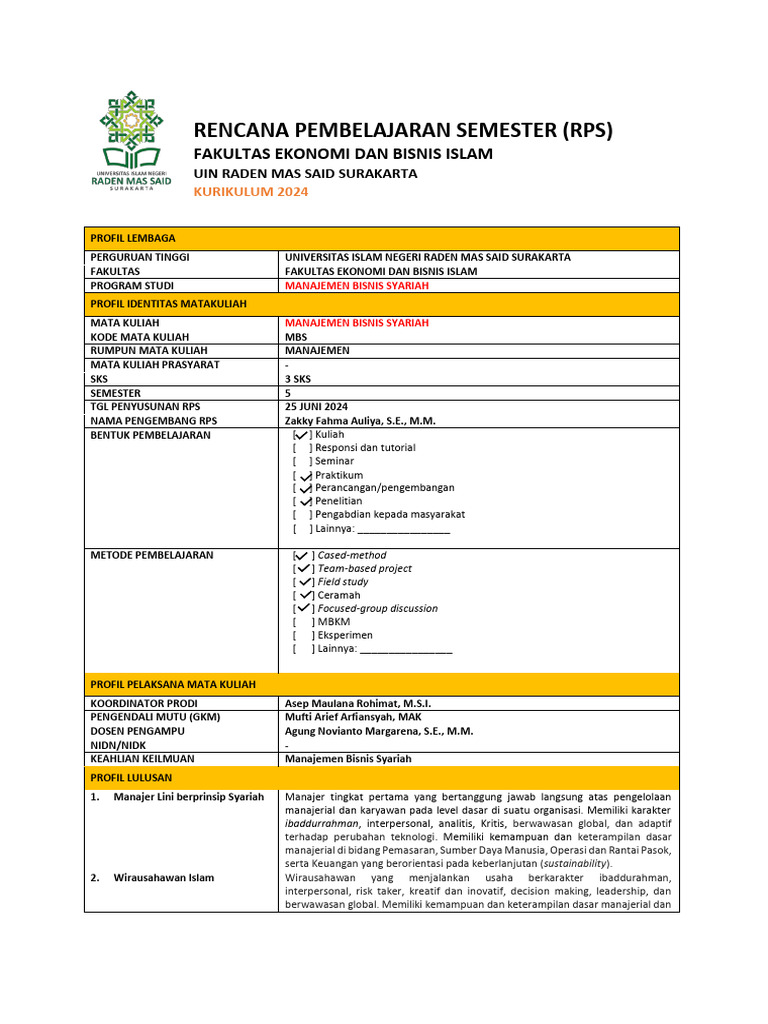 RPS 2024 REVISI-MANAJEMEN BISNIS SYARIAH-A NOVIANTO M (MBS) - Kirim Mahasiswa | PDF