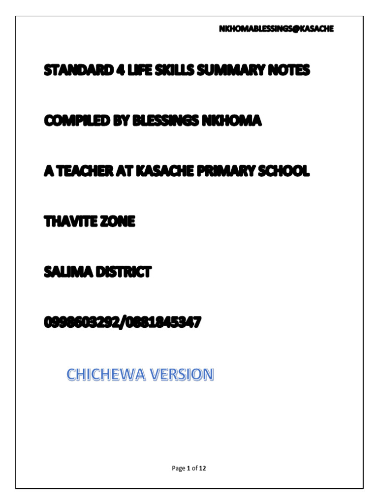 STD 4 Life Skills Notes (Chichewa) | PDF