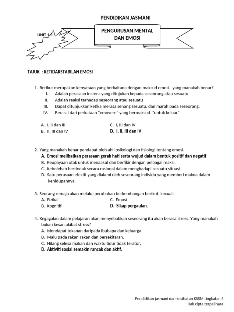 TING 5. PK.UNIT 1.3 PENGURUSAN MENTAL DAN EMOSI | PDF