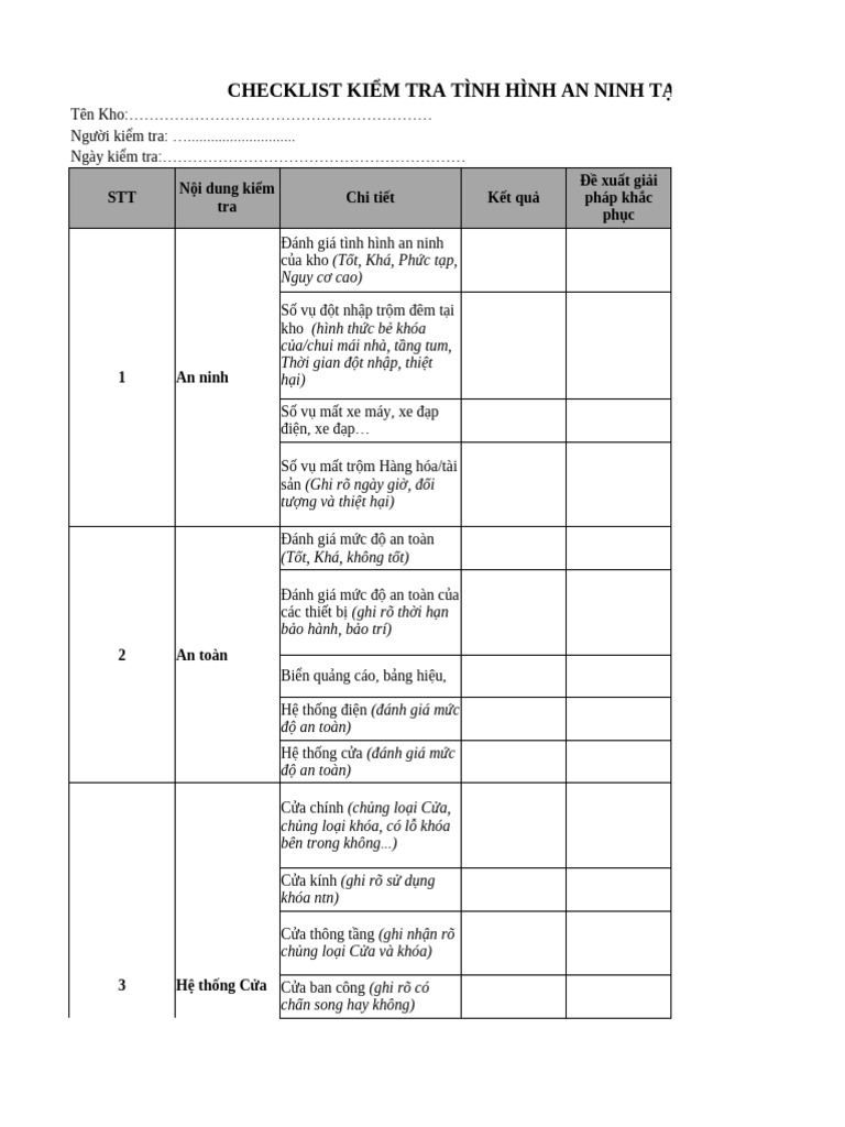 Checklist kiểm tra An ninh Kho | PDF